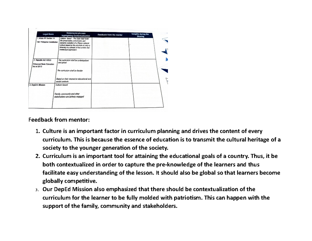 1 Feedback from mentor - Feedback from mentor: Culture is an important ...