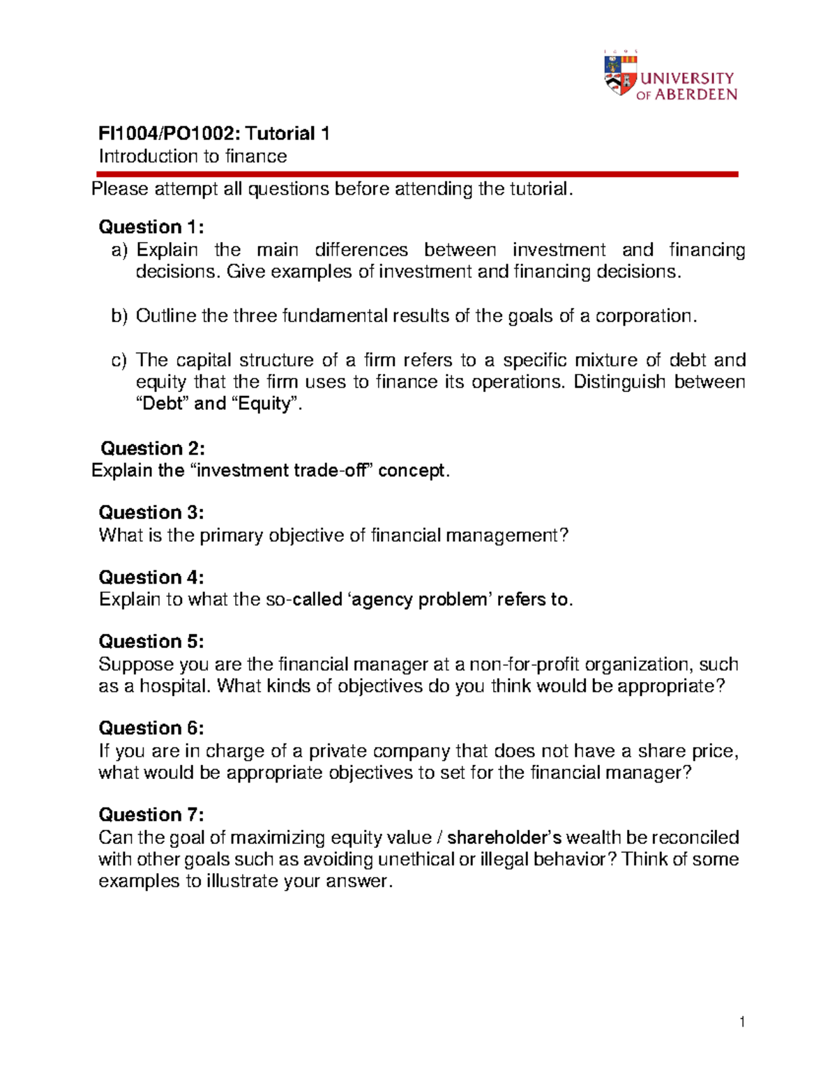 FI1004-PO1002 Tutorial 1 2020-2021 [Q] - 1 FI1004/PO1002: Tutorial 1 Introduction to finance ...
