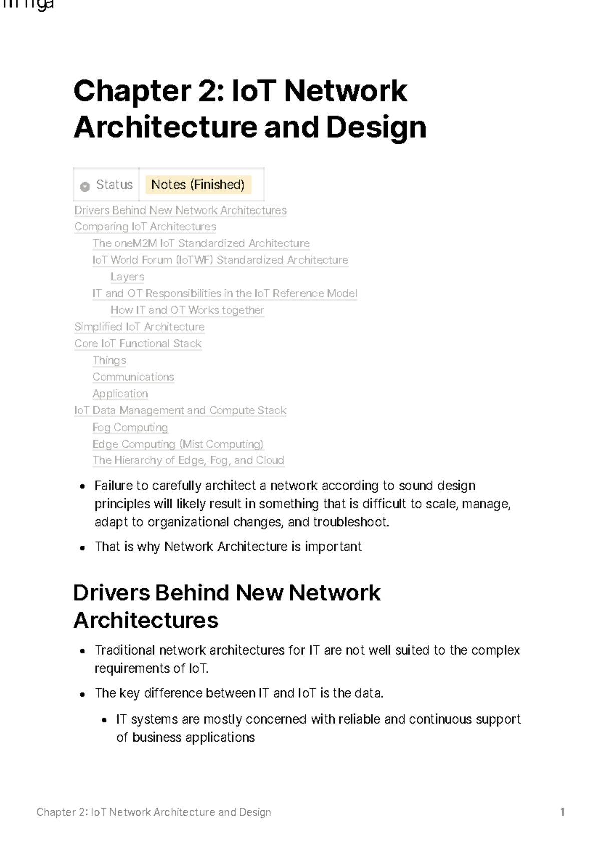 Chapter 2 Summary Notes - Chapter 2: IoT Network Architecture and ...