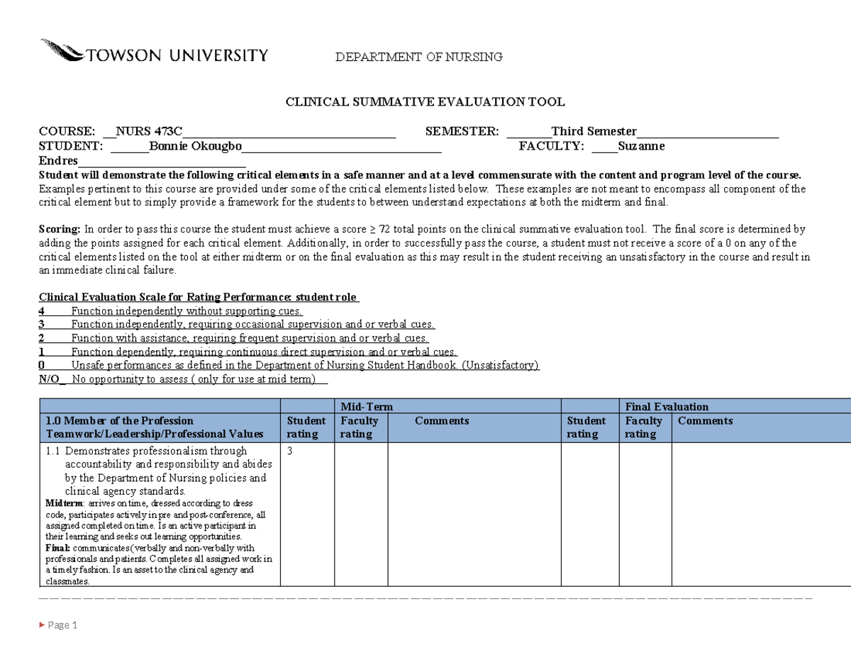 Clinical Evaluation Tool OB - CLINICAL SUMMATIVE EVALUATION TOOL COURSE ...