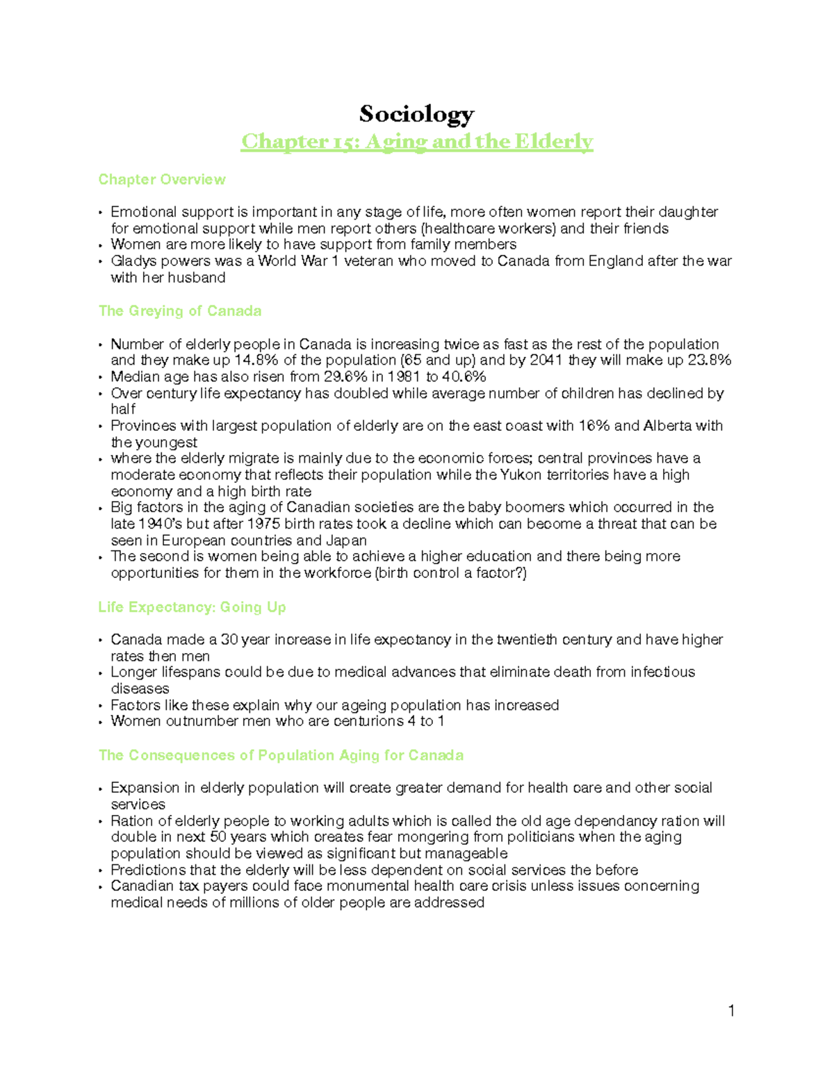 Sociology notes- chapter quiz - Sociology Chapter 15: Aging and the ...