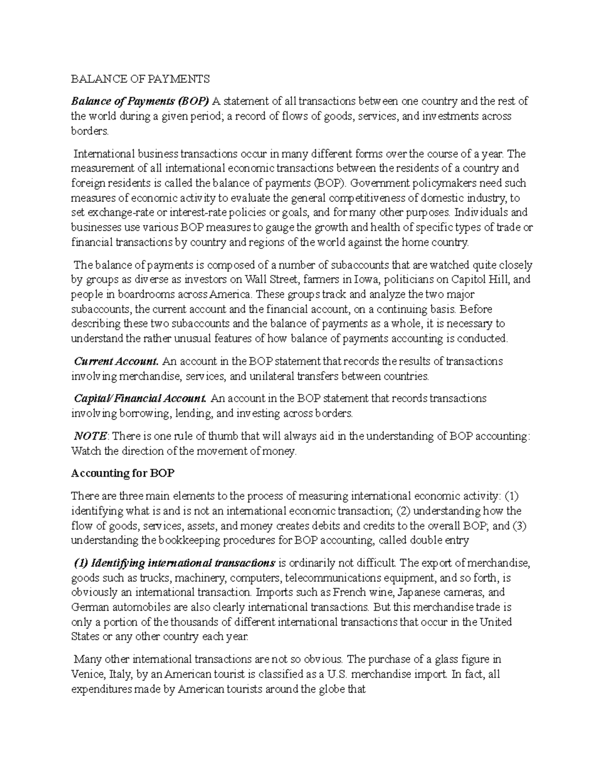 Topic 3B - Lecture notes 1 - BALANCE OF PAYMENTS Balance of Payments ...