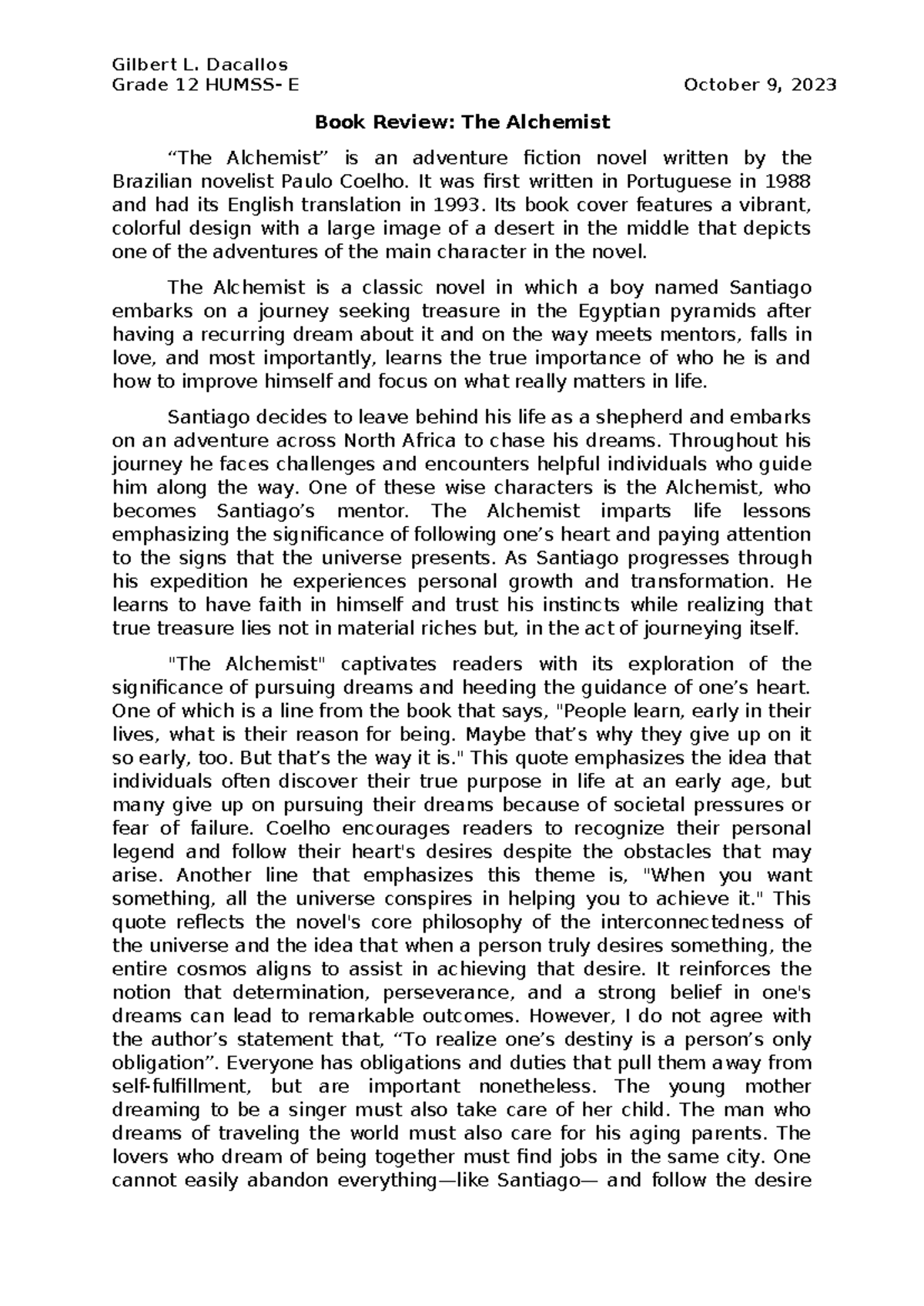 Book REview The Alchemist - Gilbert L. Dacallos Grade 12 HUMSS- E ...
