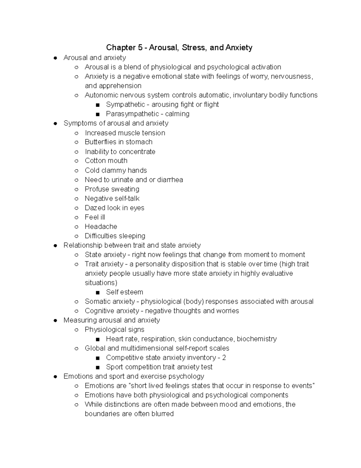 Chapter 5 - Arousal, Stress, and Anxiety Lecture Notes - Chapter 5 ...