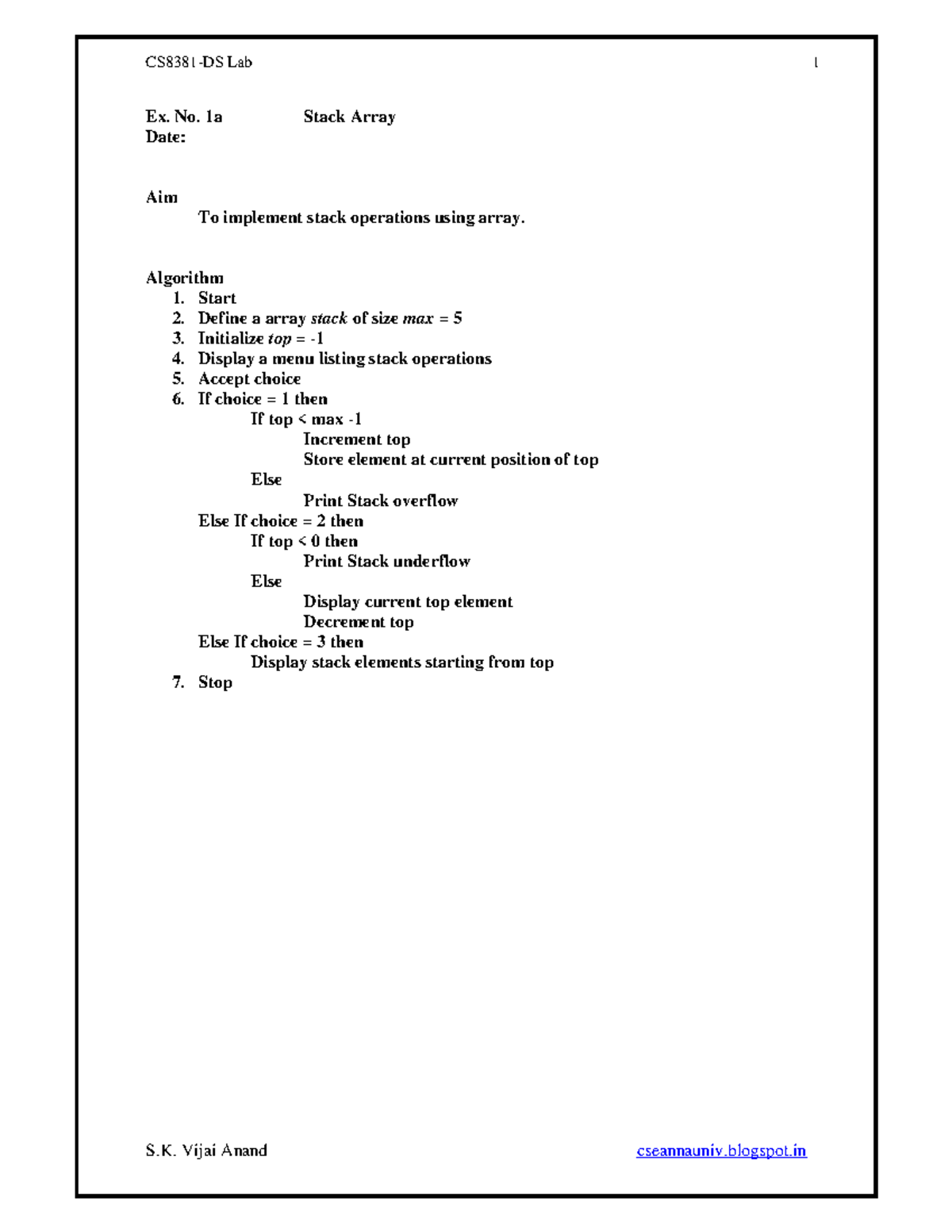 Cs8381 Dslabman Ds Labmanual Ex No 1a Stack Array Date Aim To Implement Stack Operations 
