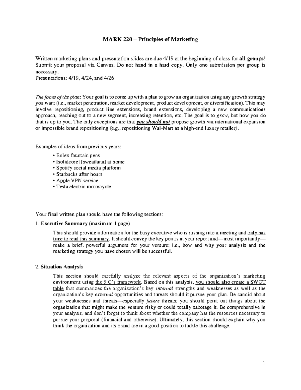 Marketing Plan Assignment 2023 - MARK 220 – Principles of Marketing ...