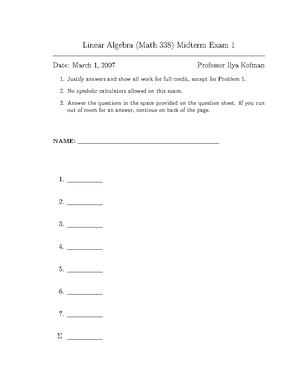 Linear algebra exam sheet - Linear Algebra 1 Exam 1 6/12/ Name ...