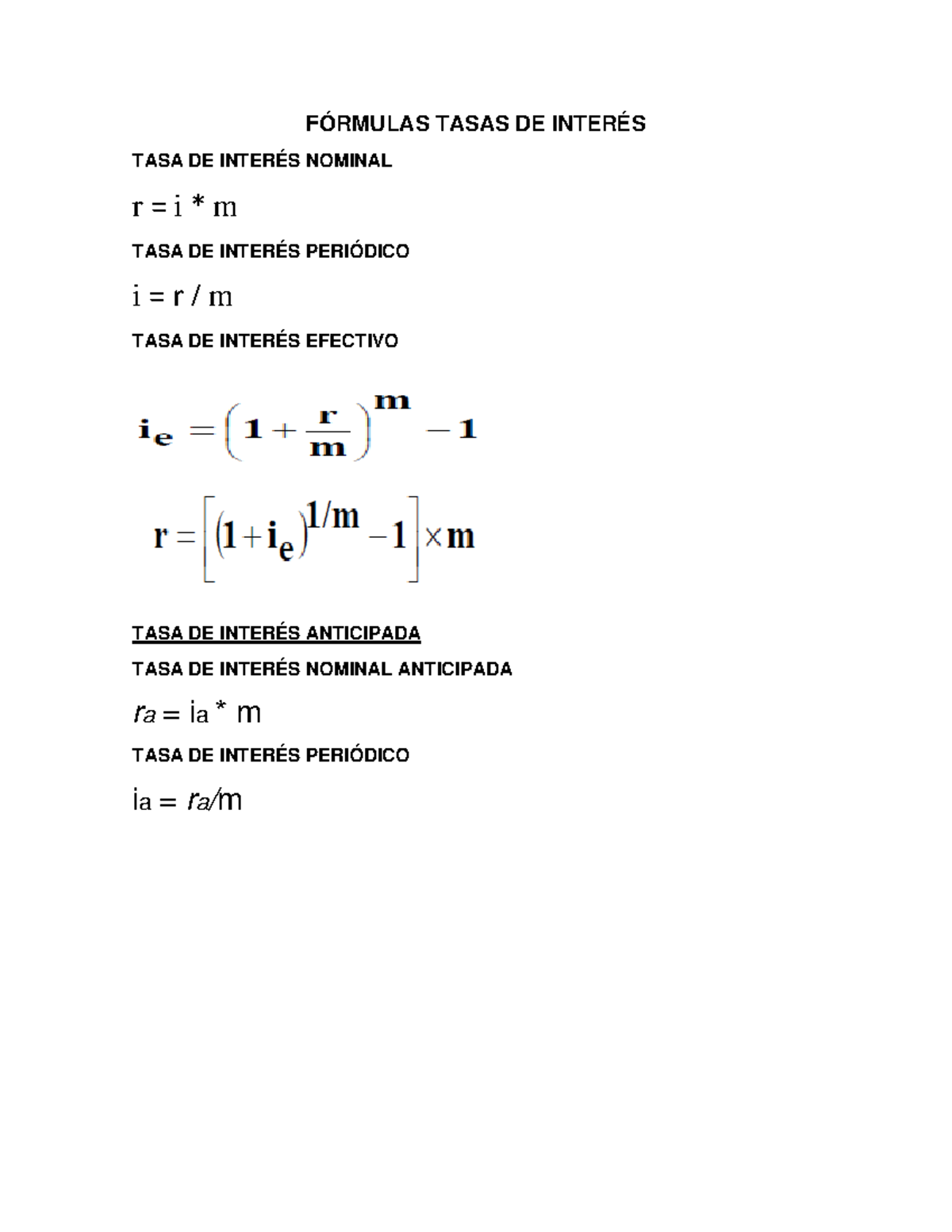Fórmulas Tasas DE Interés - Corporate Law - FÓRMULAS TASAS DE INTERÉS ...
