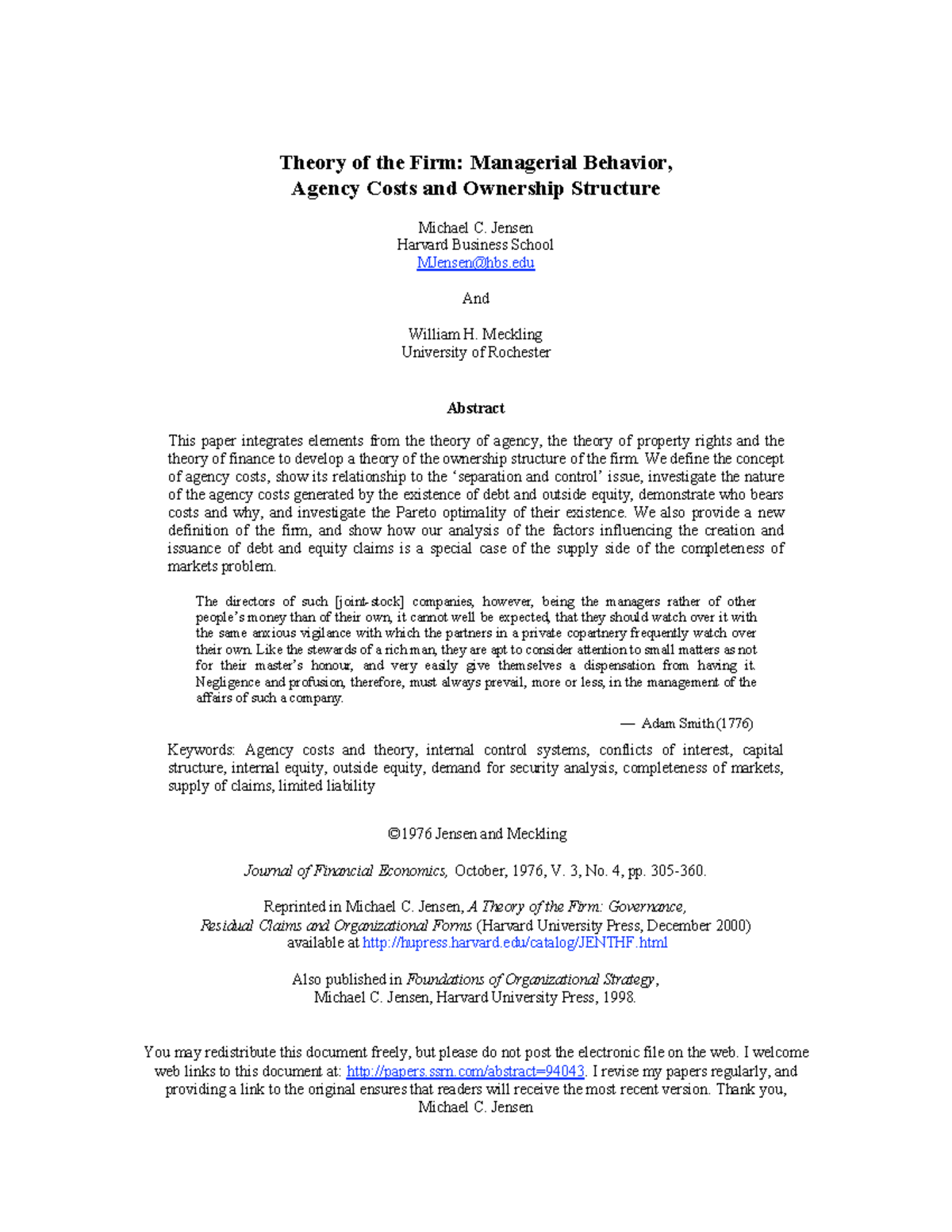 Jensen-meckling - Theory of the Firm: Managerial Behavior, Agency Costs ...