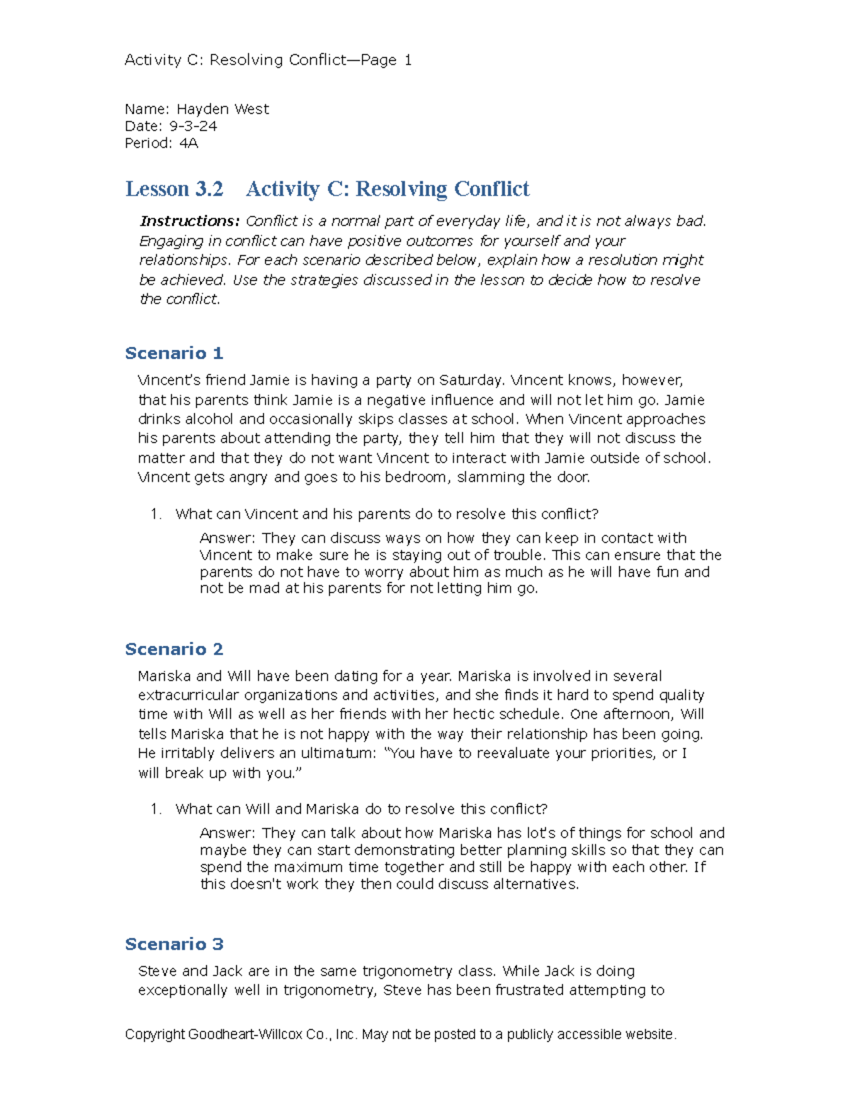 Resolving Conflict - Answers - Activity C: Resolving Conflict—Page 1 ...