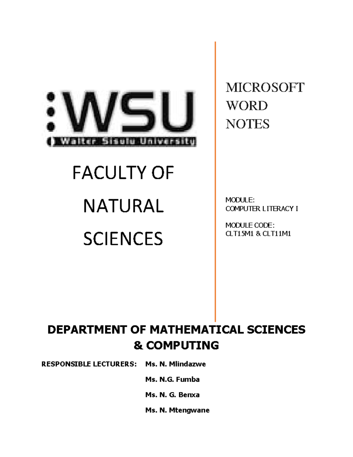 2022 Microsoft WORD Notes - FACULTY OF NATURAL SCIENCES MICROSOFT WORD ...