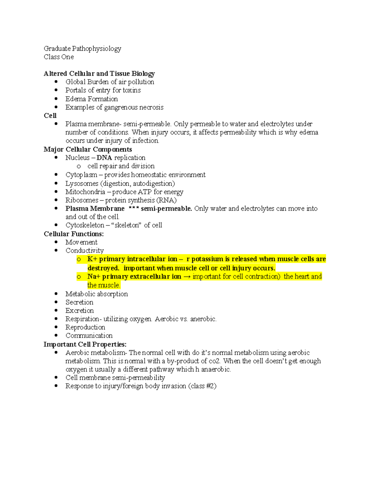 Pathophysiology Class 1 - Graduate Pathophysiology Class One Altered ...