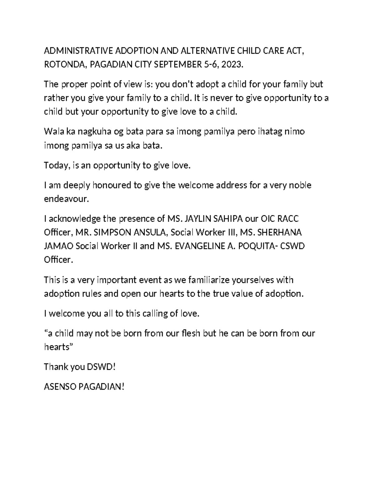 Administrative Adoption AND Alternative Child CARE ACT - ADMINISTRATIVE ...