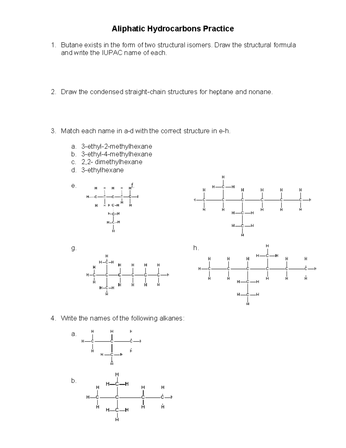 SCH 4U1 Organic Chemistry Worksheet Package - Aliphatic Hydrocarbons ...