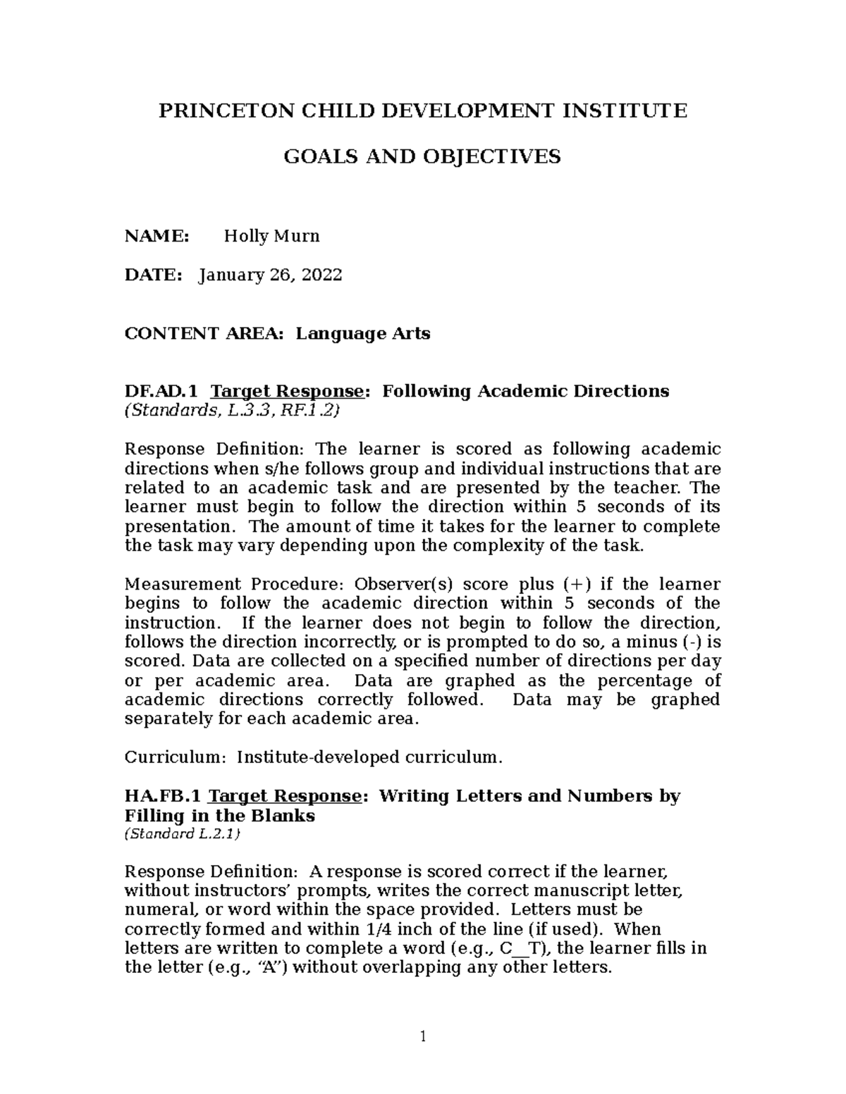 Ho M Goals and Objectives January 2022 - PRINCETON CHILD DEVELOPMENT ...