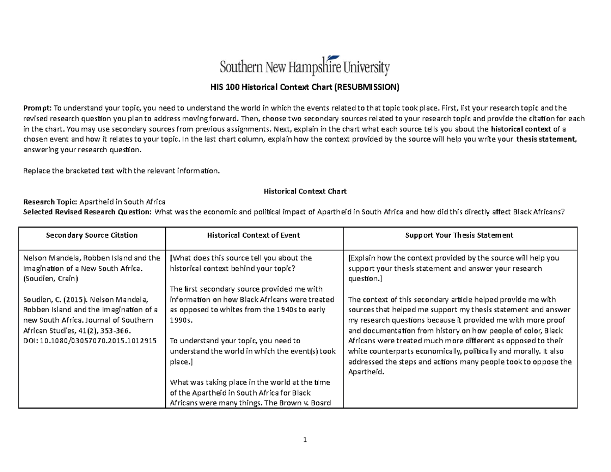 HIS 100 Historical Context Chart - First, list your research topic and ...