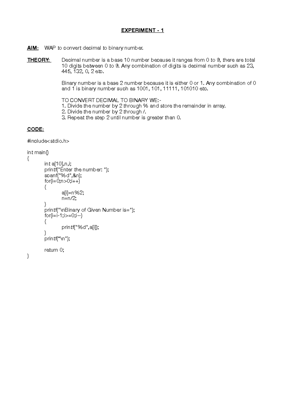 CS File - EXPERIMENT - 1 AIM: WAP to convert decimal to binary number ...