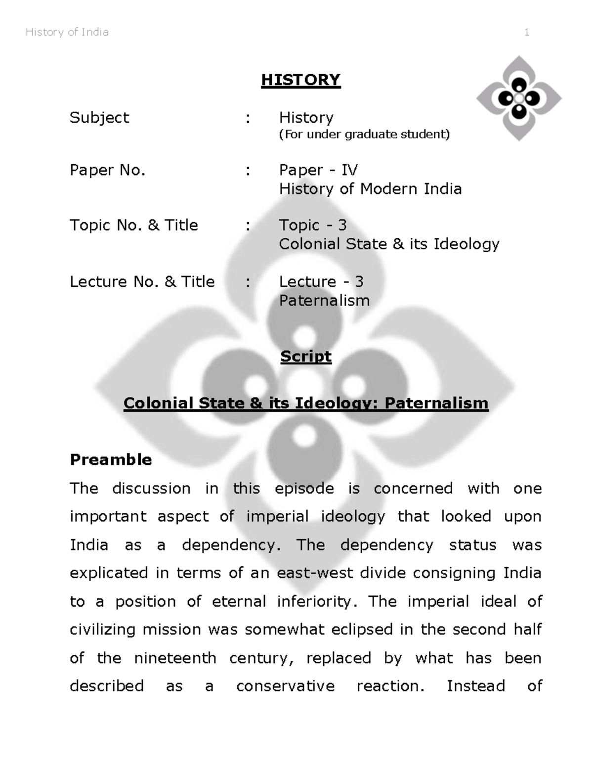 Paternalism - history - HISTORY Subject : History (For under graduate ...