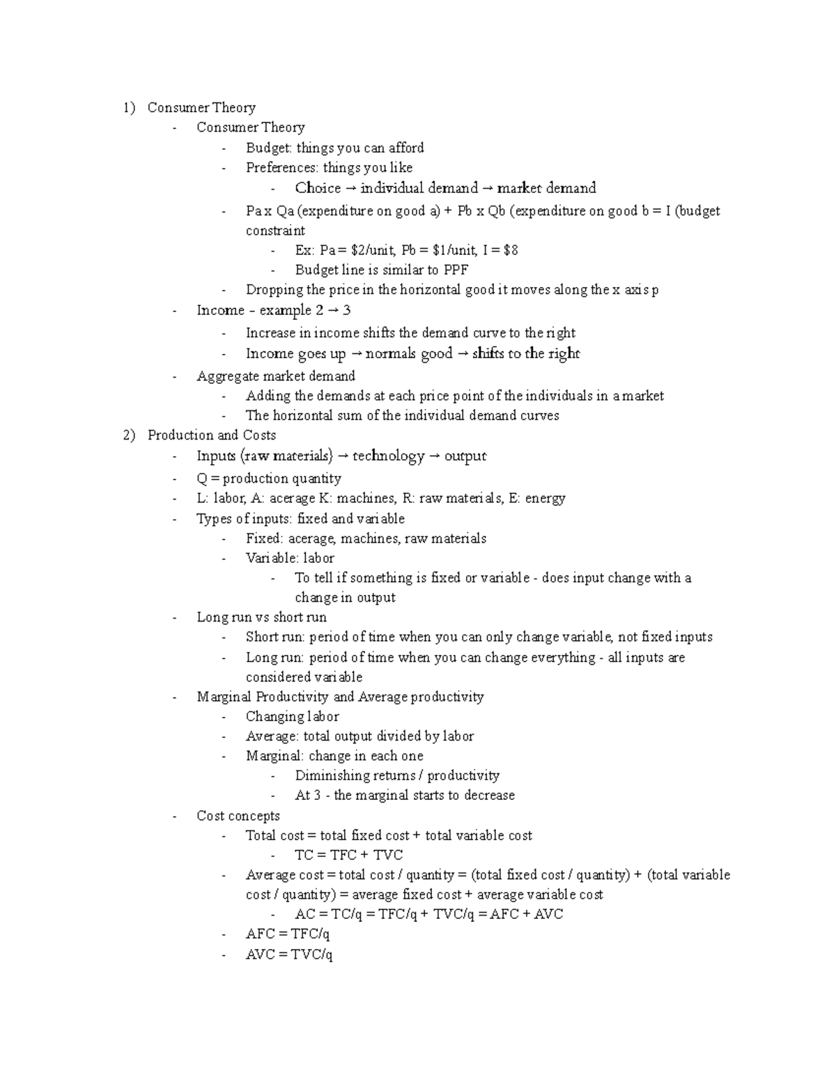 Test Two Outline - Consumer Theory Consumer Theory Budget: things you ...