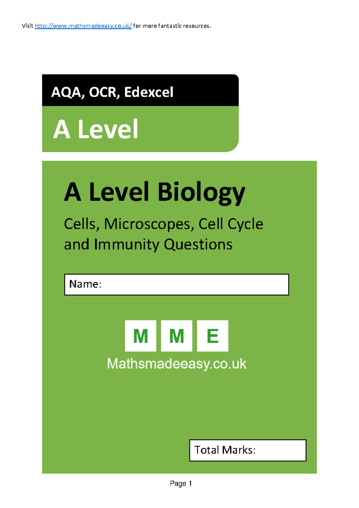 Cells Microscopes Cell Cycle and Immunity Questions - A Level AQA, OCR ...