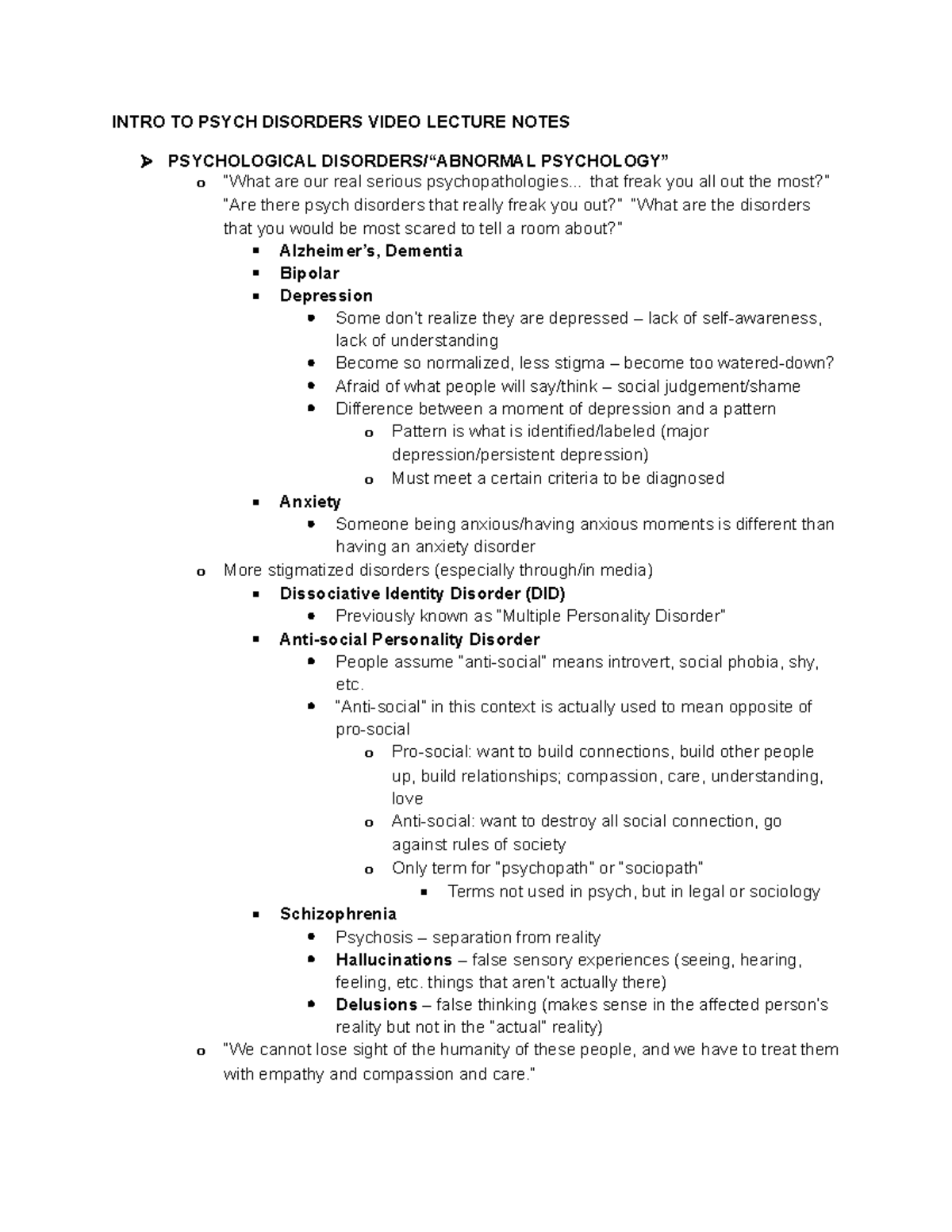 Intro TO Psych Disorders Video Lecture Notes - INTRO TO PSYCH DISORDERS ...