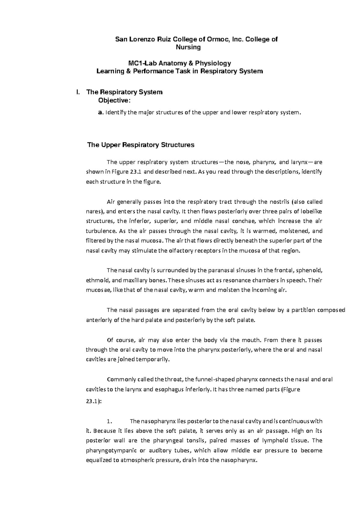 Respiratory system - San Lorenzo Ruiz College of Ormoc, Inc. College of ...