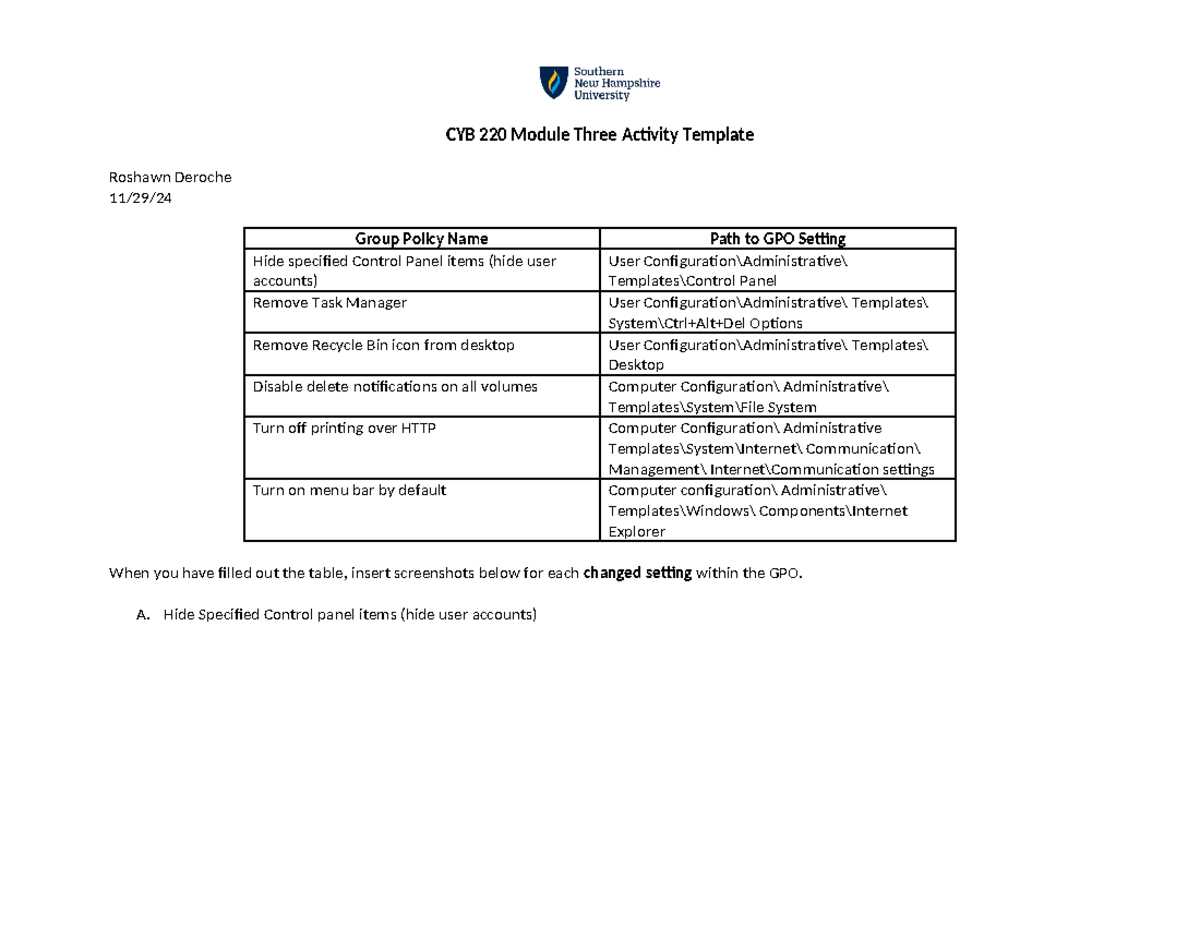 CYB 220 Module Three Activity Template - CYB 220 Module Three Activity ...