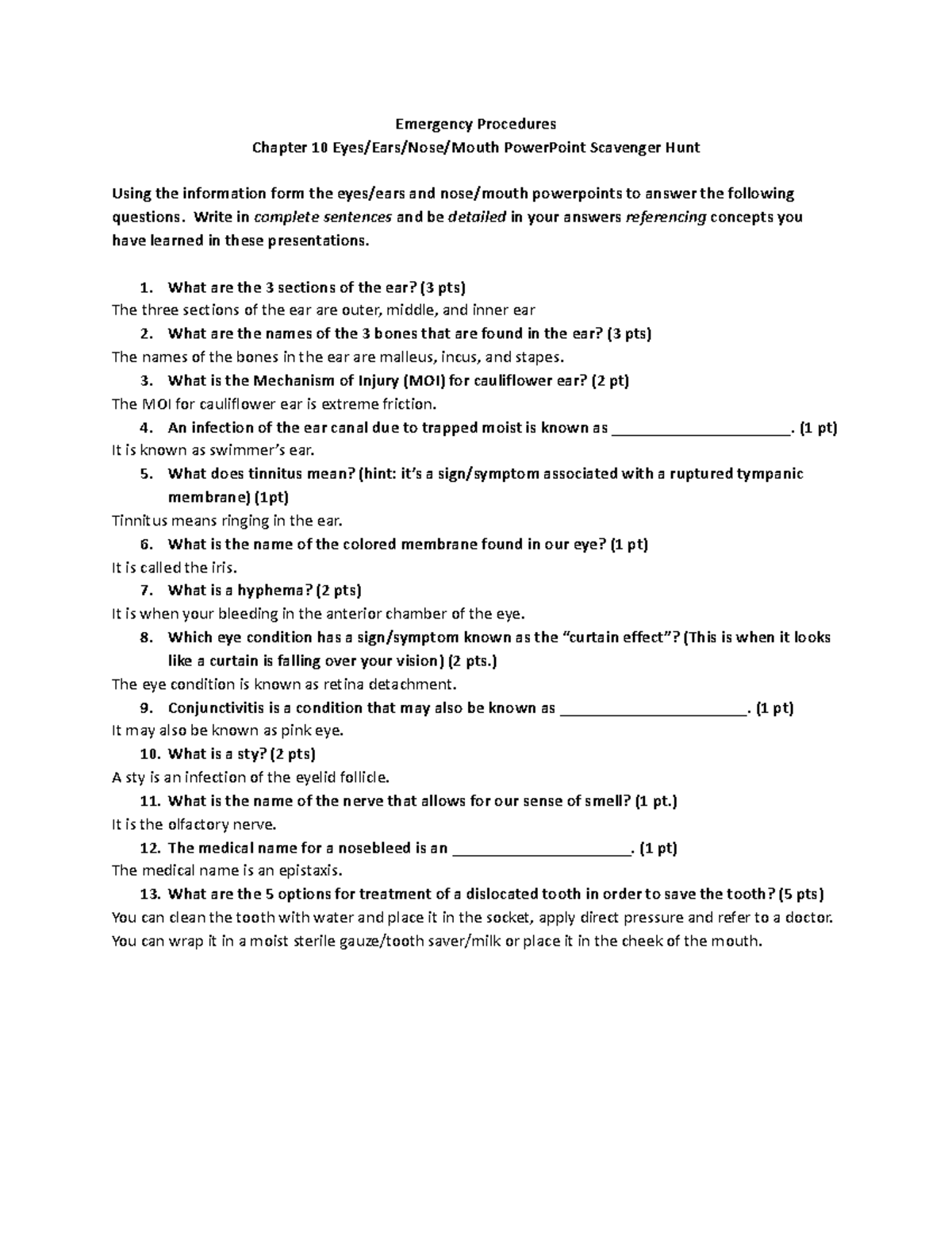 Chapter 10 Eyes Ears Nose Mouth Power Point Scavenger Hunt - Emergency ...
