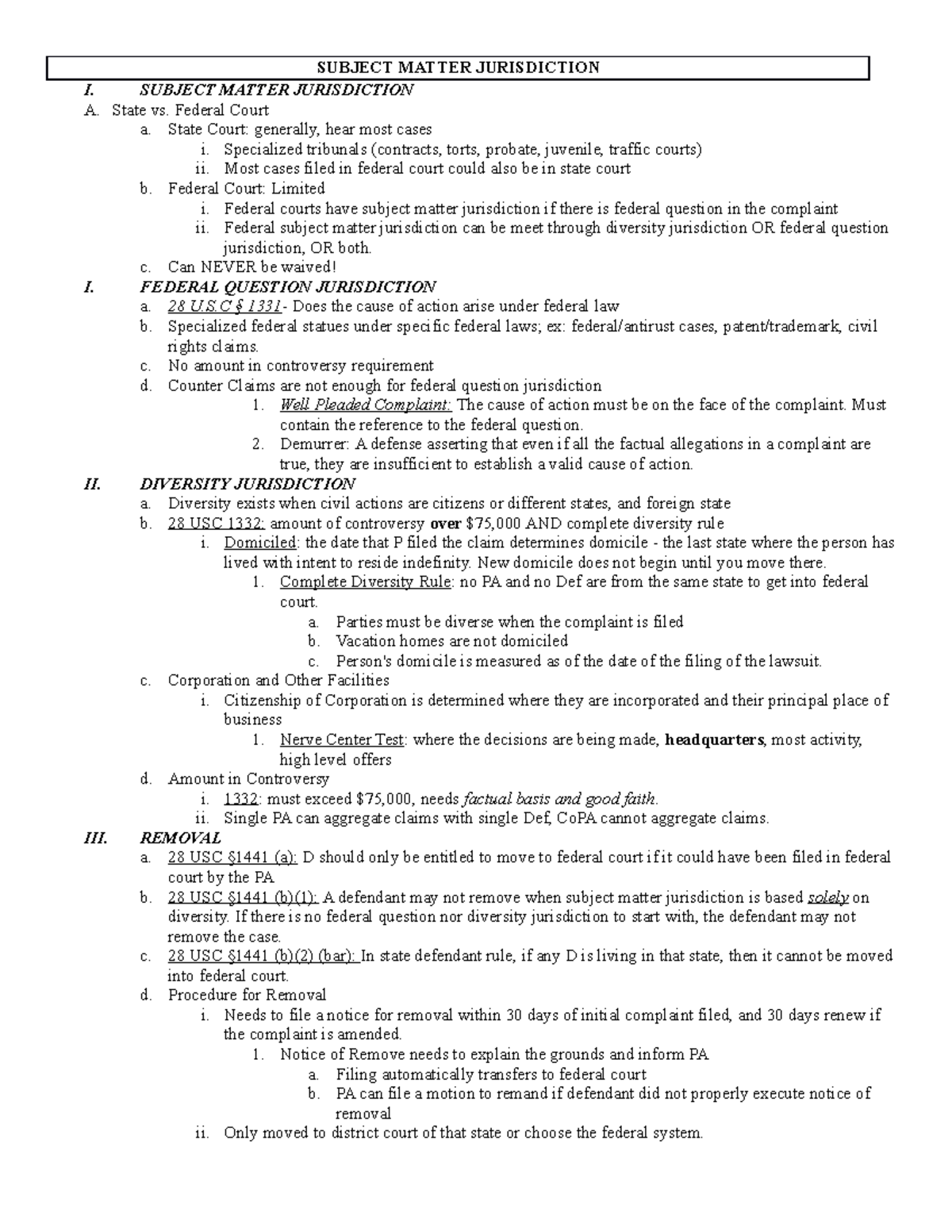 Civil Procedure Outline - SUBJECT MATTER JURISDICTION I. SUBJECT MATTER ...