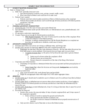 Civ Pro One-Sheet - Legal Writing - Subject Matter Jurisdiction Only ...