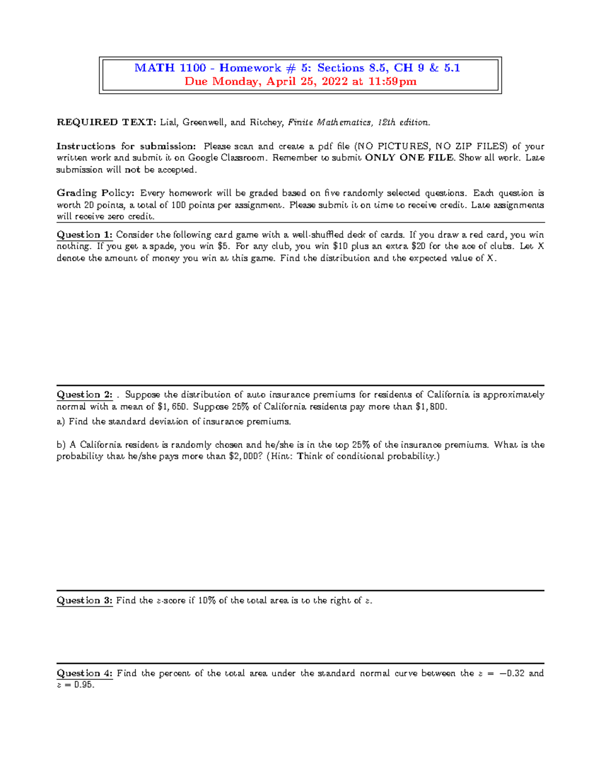 ASSIGNMENT 5 FOR MATHS 1100 - MATH 1100 - Homework # 5: Sections 8, CH ...