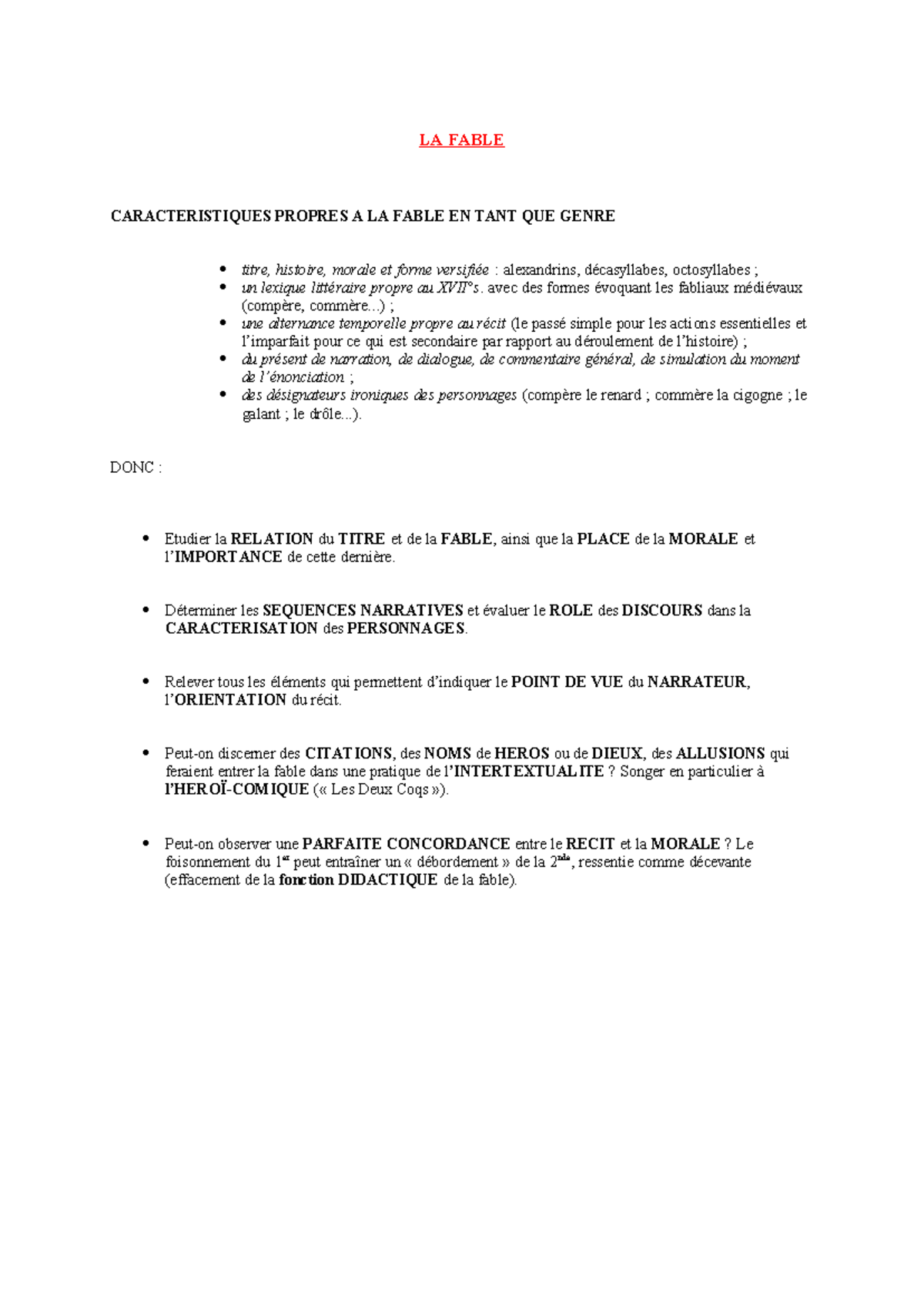 Fable - LA FABLE CARACTERISTIQUES PROPRES A LA FABLE EN TANT QUE GENRE ...