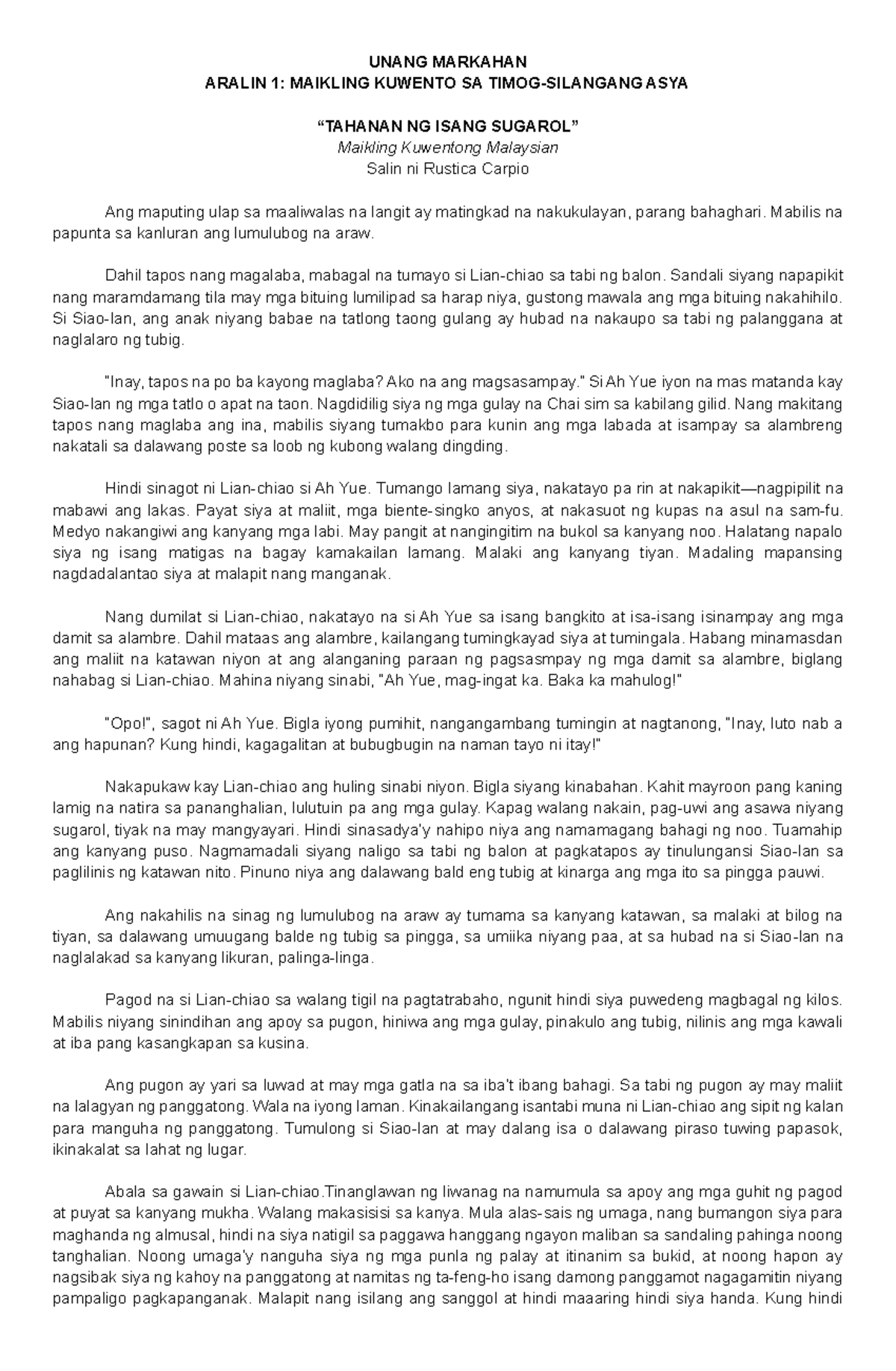 FIL9 - Q1 - Mga Babasahin Aralin 1 hanggang Aralin 5 - UNANG MARKAHAN ARALIN 1: MAIKLING KUWENTO ...