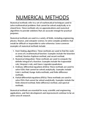 Numerical Methods - NUMERICAL METHODS Numerical methods refer to a set ...