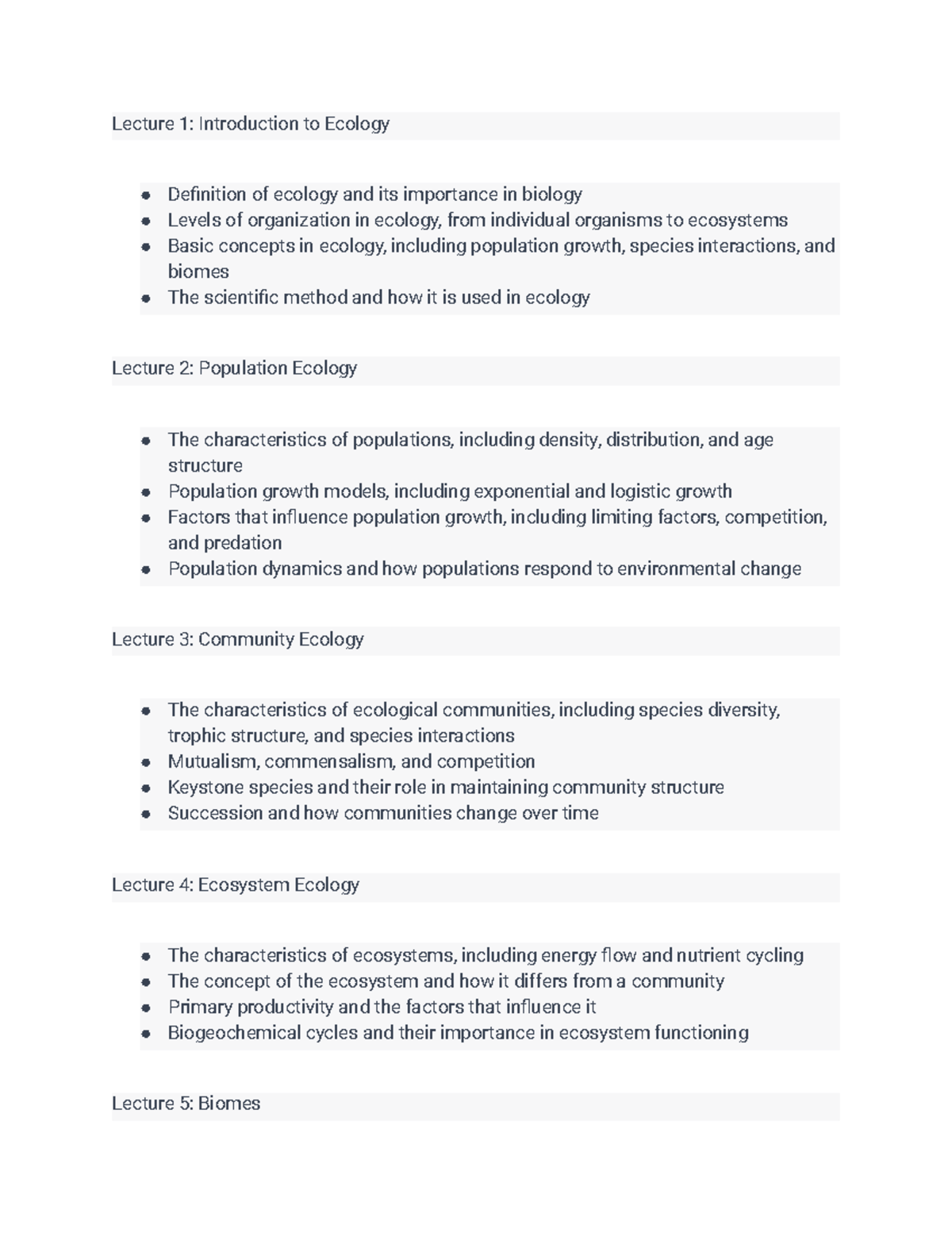 Lecture 1 Introduction to Ecology - Lecture 8 Evolutionary Ecology ...