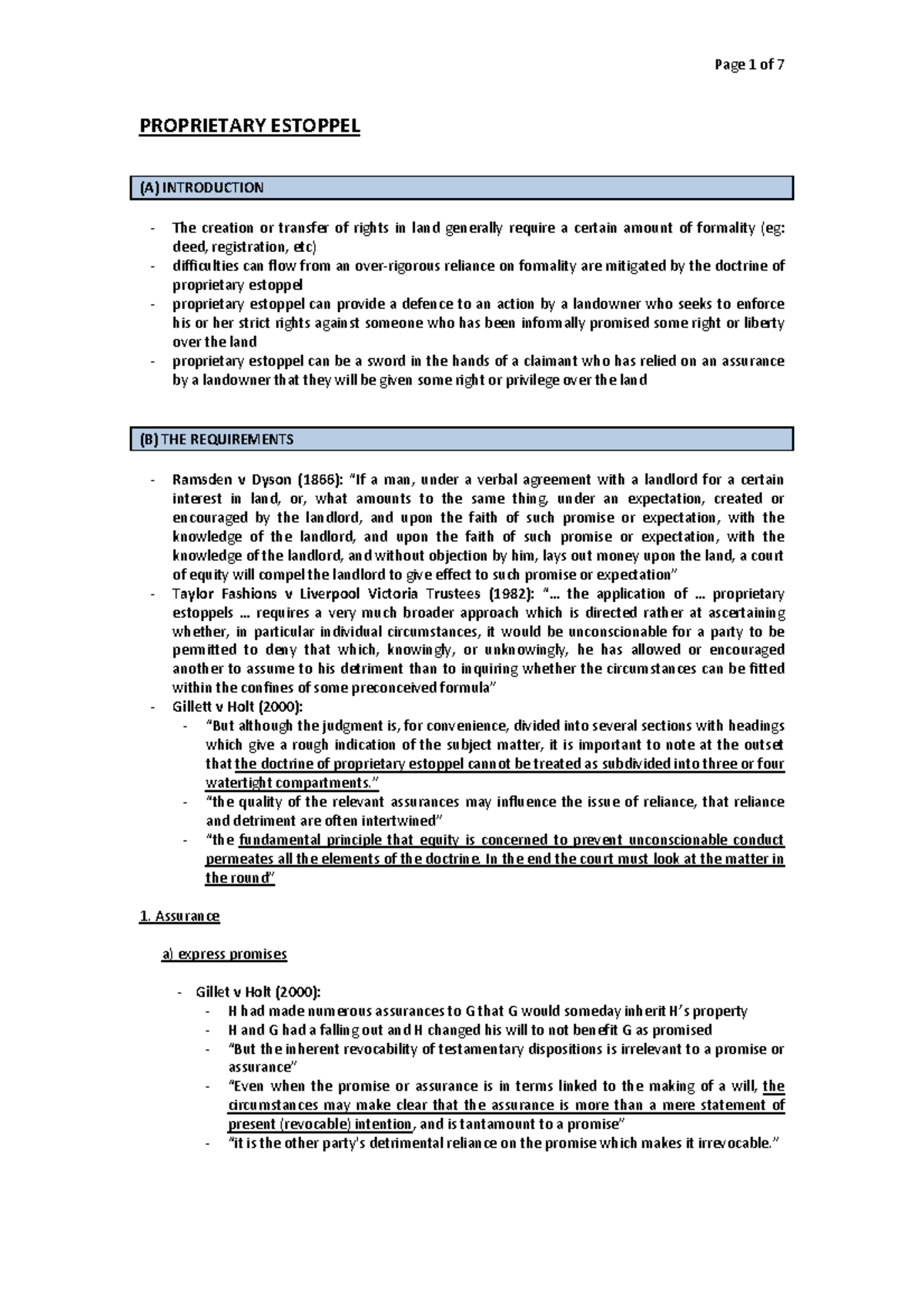 Proprietary Estoppel - Revision summary - PROPRIETARY ESTOPPEL (A ...