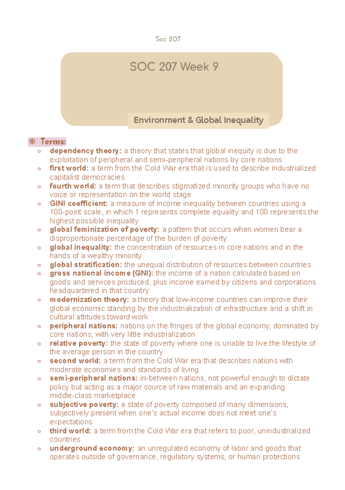 Sociology Week 9 Terms p - Soc 207 SOC 207 Week 9 Environment & Global ...