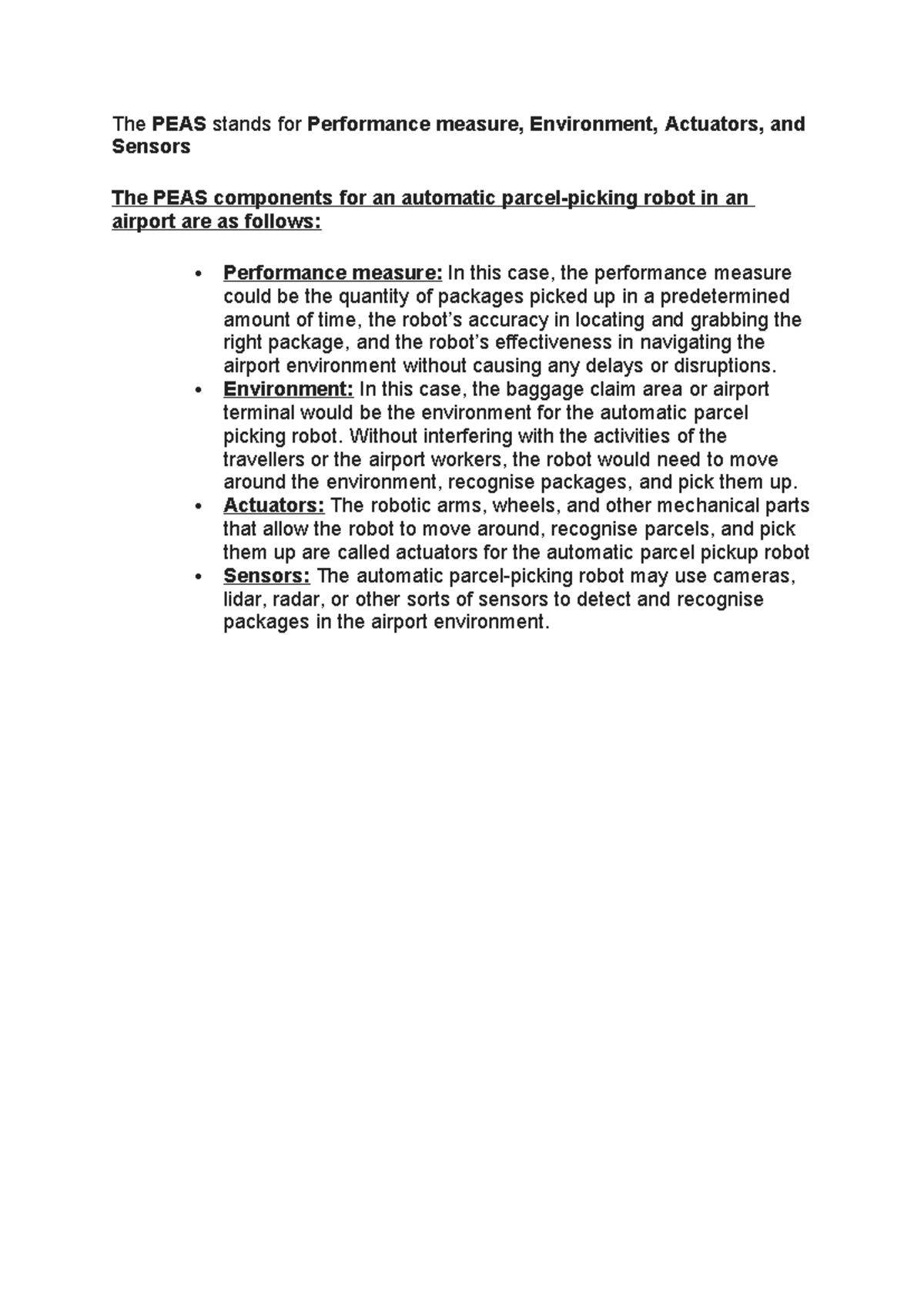 Module 1 - Fannwnw - The PEAS stands for Performance measure ...