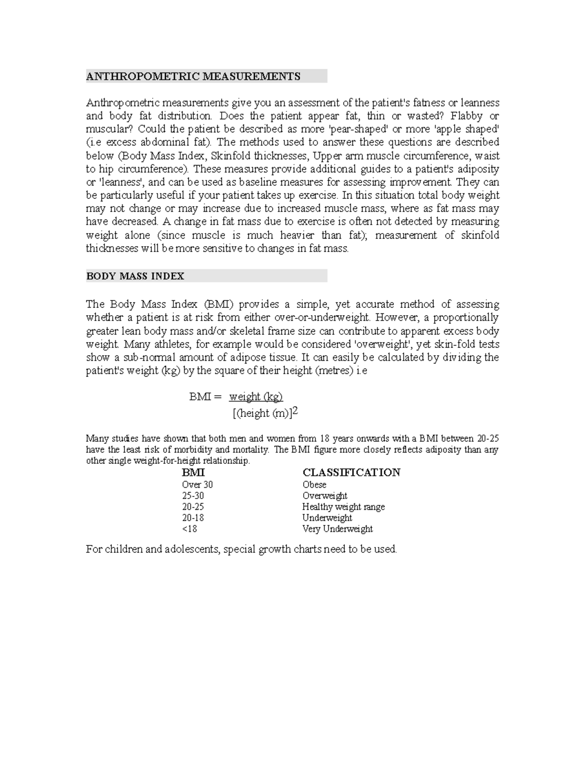 Anthro - ANTHROPOMETRIC MEASUREMENTS Anthropometric measurements give ...