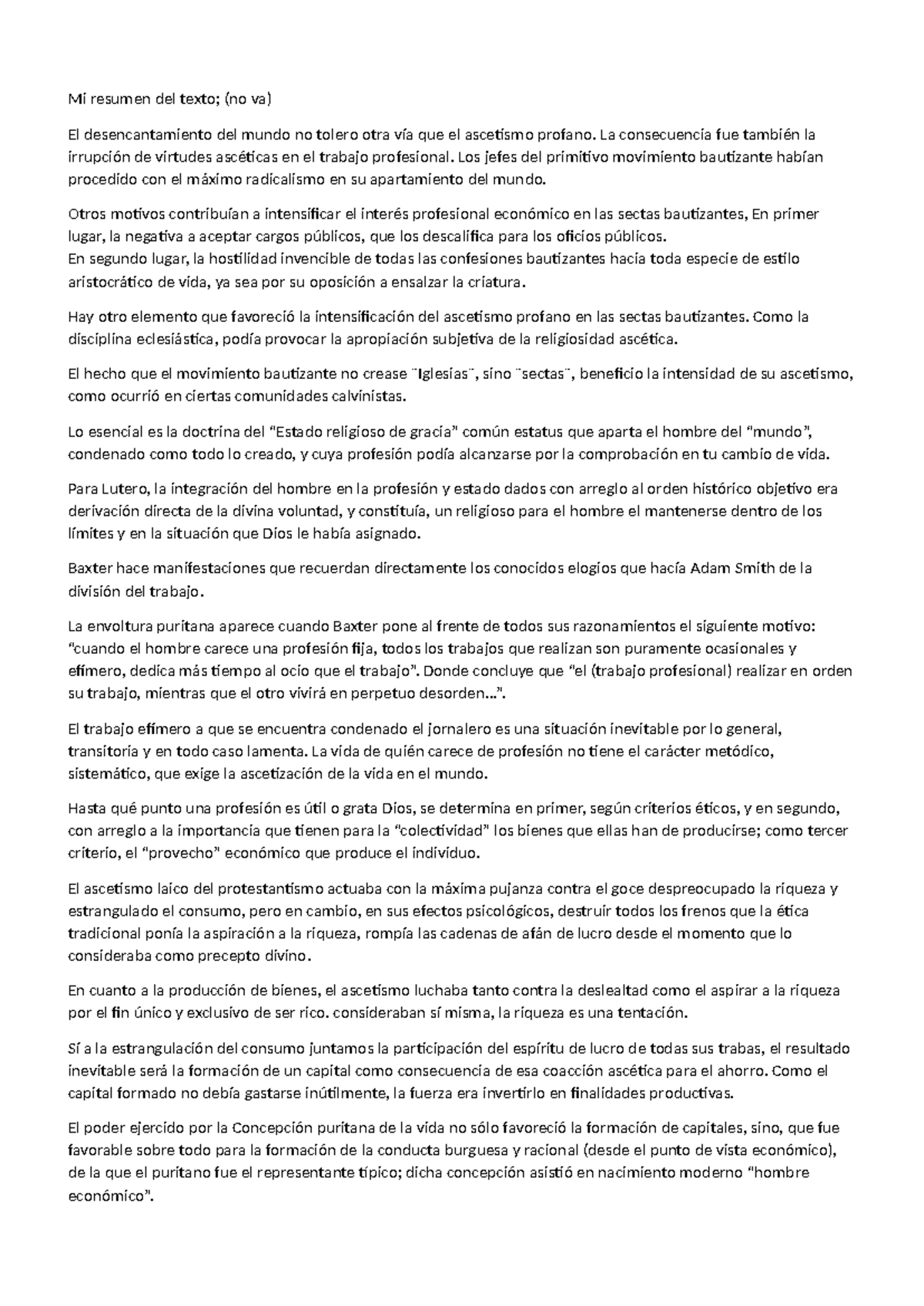 Mi resumen. etica protestante - Mi resumen del texto; (no va) El ...