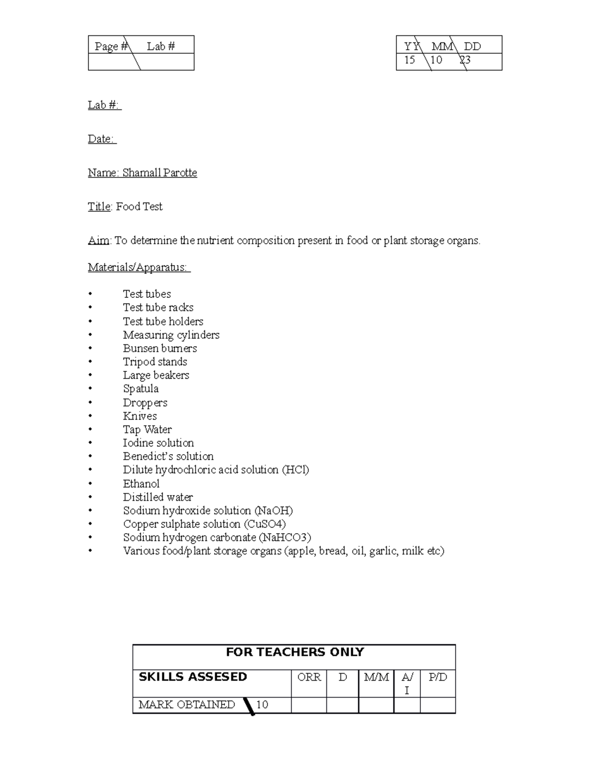 Lab report template - 15 10 23 Lab #: Date: Name: Shamall Parotte Title ...