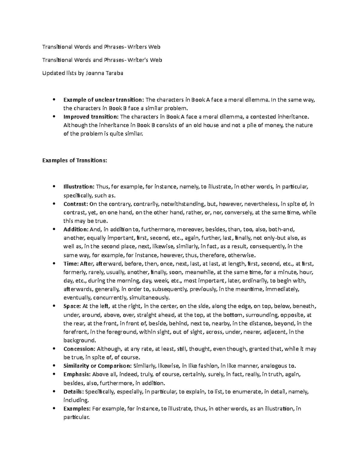 Transitional Words and Phrases- Writers Web - Transitional Words and ...