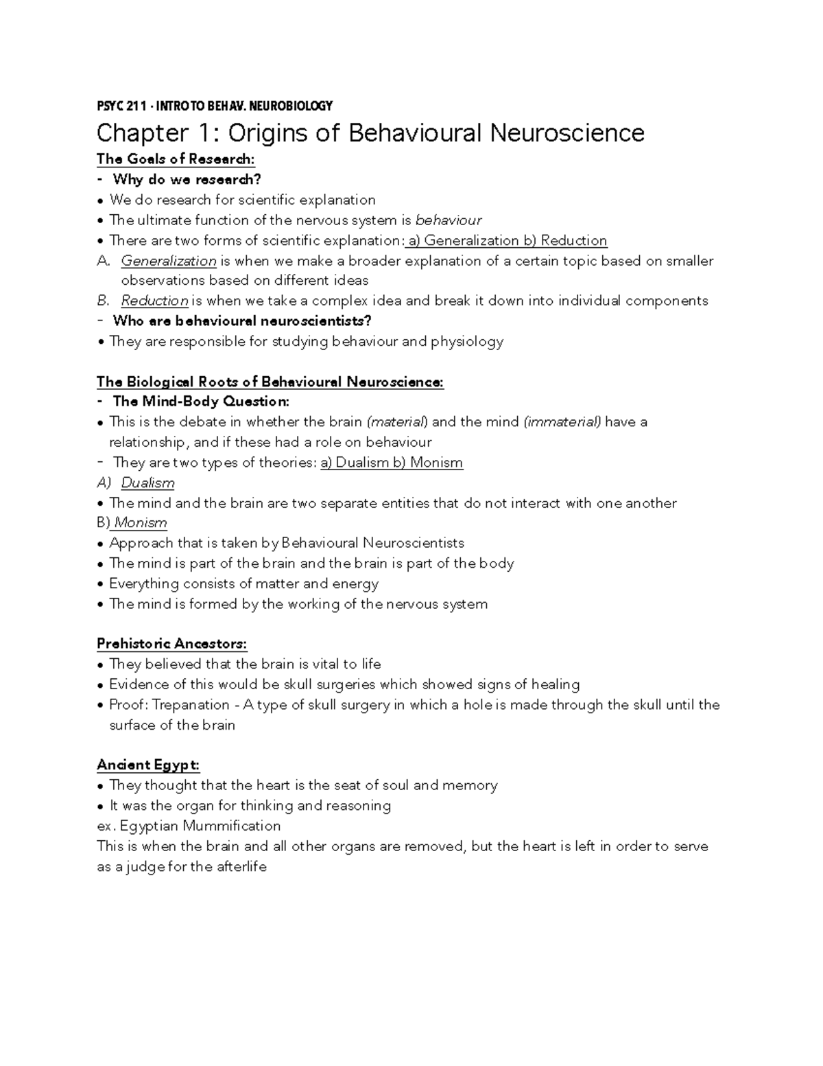 PSYC211 Notes - Chapters 1 (Intro) & 2 (Structure and Function of the ...