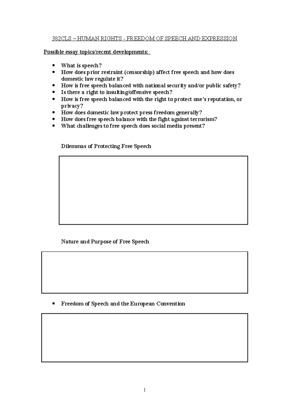 382 Clsfreespeech Handout 2019-2 - 382CLS – HUMAN RIGHTS - FREEDOM OF ...