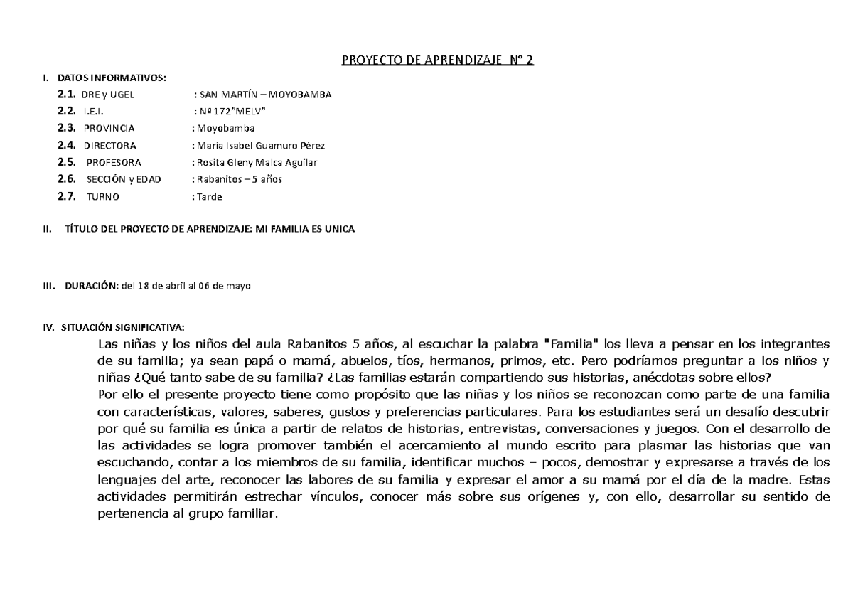 Proyecto LA Familia - PROYECTO DE APRENDIZAJE N° 2 I. DATOS ...