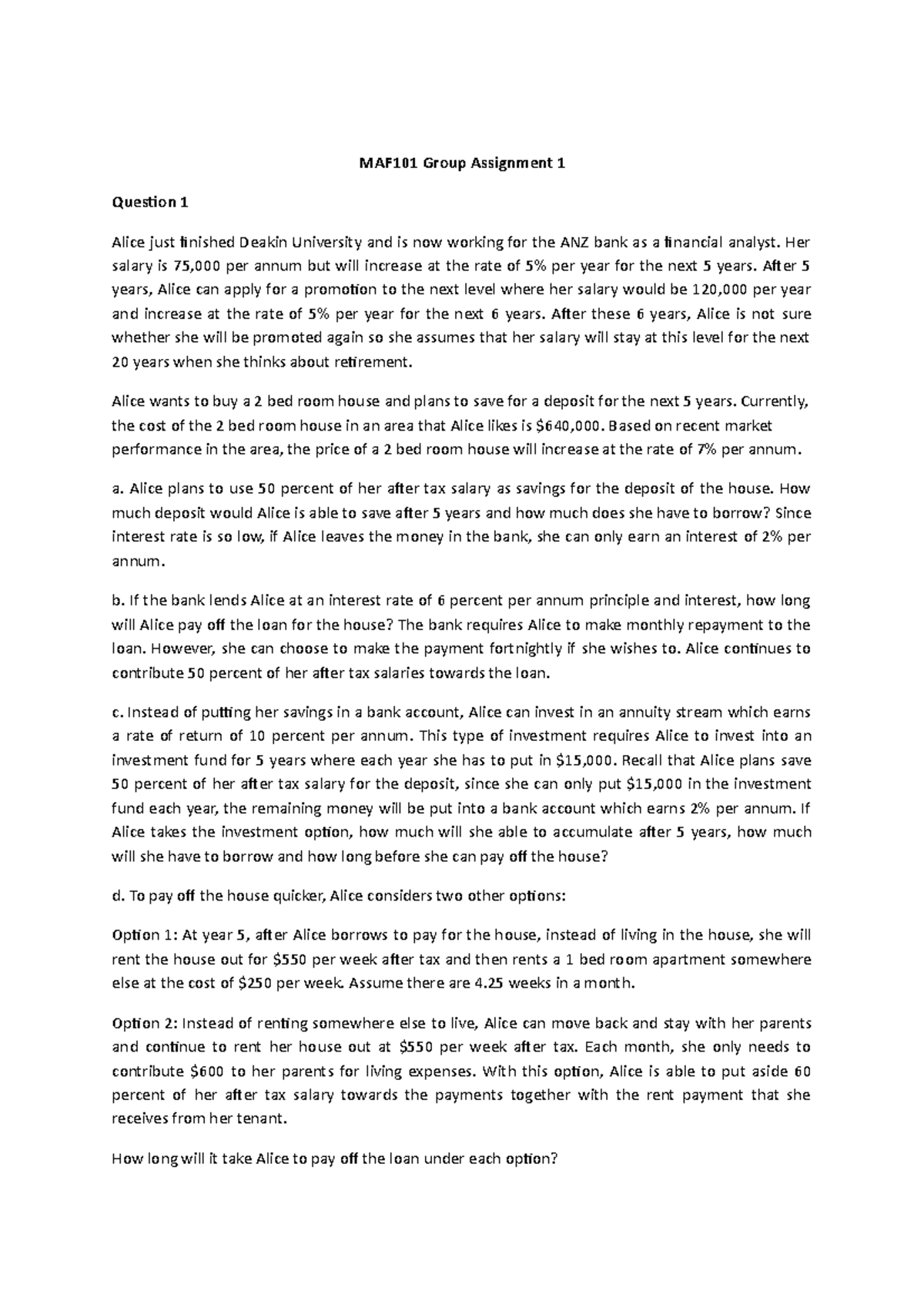 MAF101+Assignment+2 2016 - MAF101 Group Assignment 1 Question 1 Alice ...