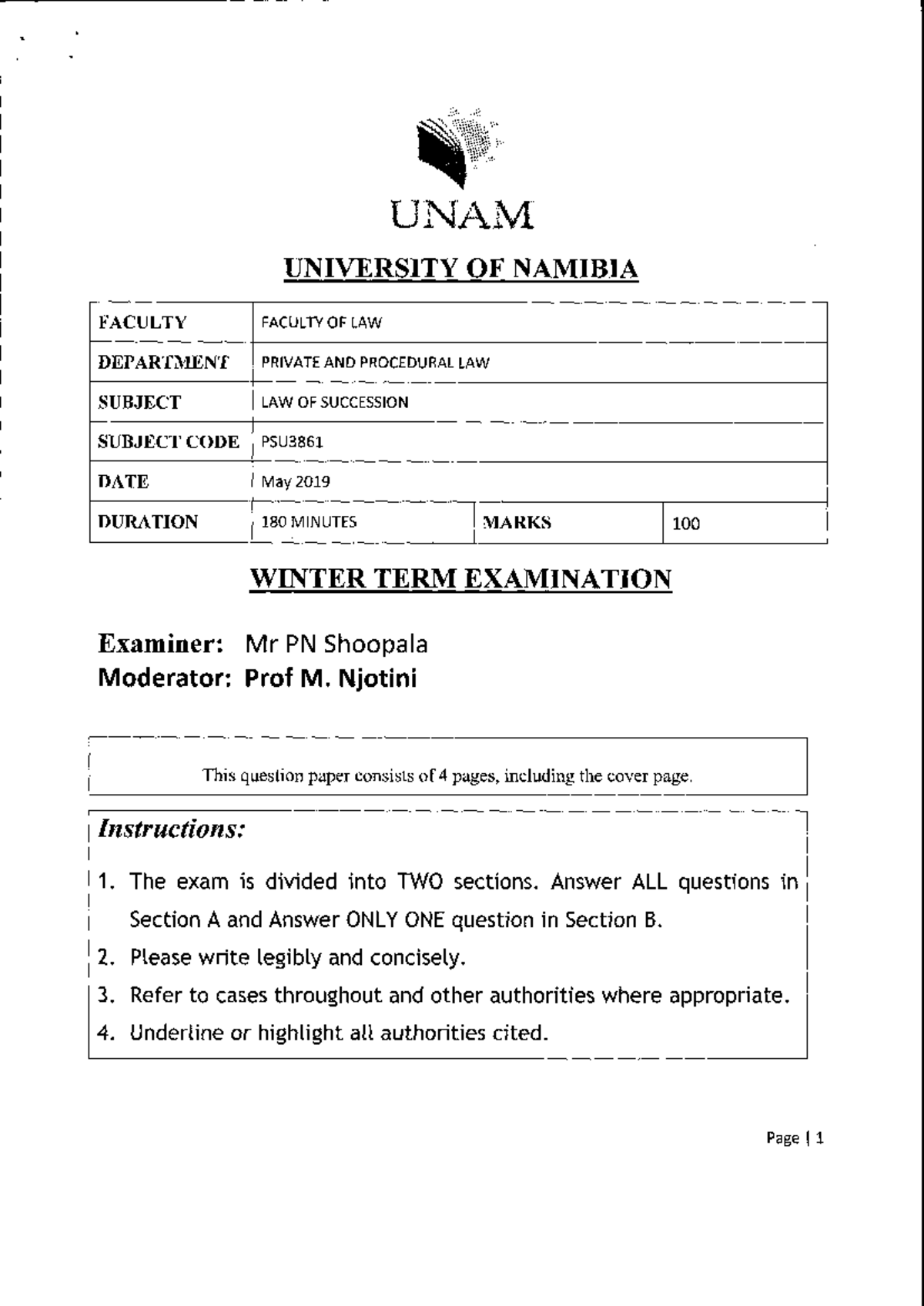 Psu3861 2019 05 win EXAM PAPERS LLB H - UNAM UNIVERSITY OF NAMIBIA ...