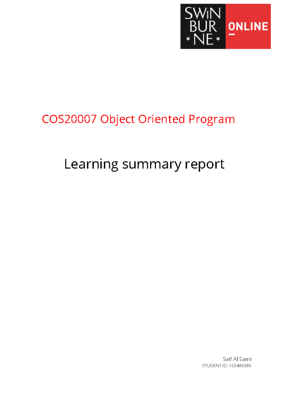 Learning summary report - Pass (D) Credit (C) Distinction (B) High Distinction (A) Self ...
