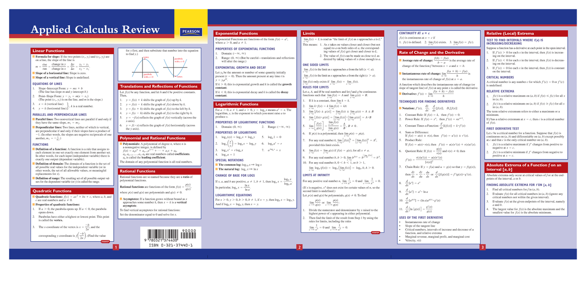 Math 125 Formulas - 1 2 3 Applied Calculus Review Linear Functions ...
