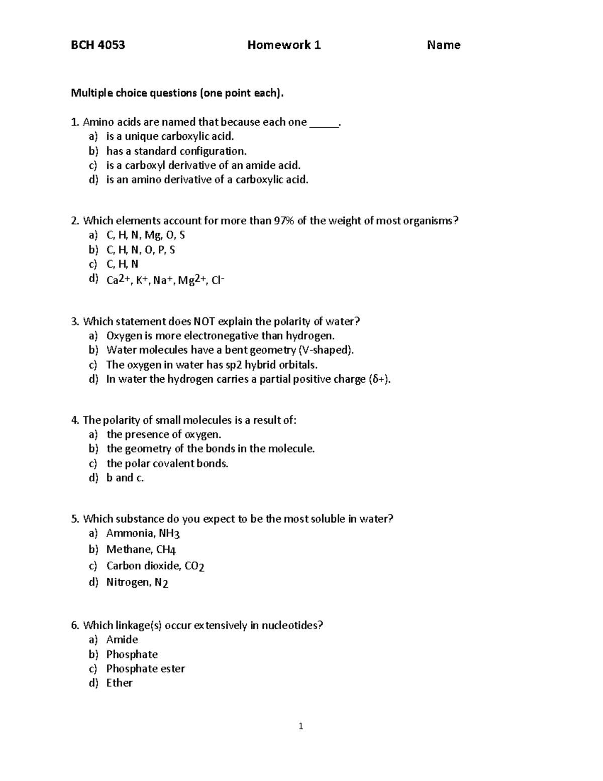 Biochem-HW1 - biochem ch 4 practice questions - Multiple choice ...
